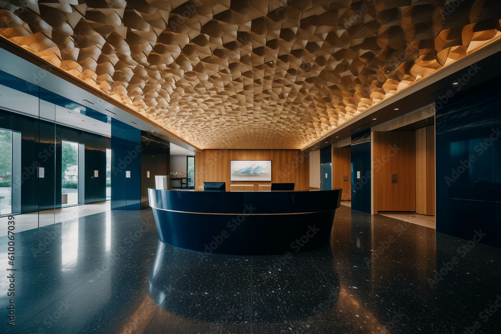 Organic big spacious hotel lobby, front desk. Dark blue color palette ...