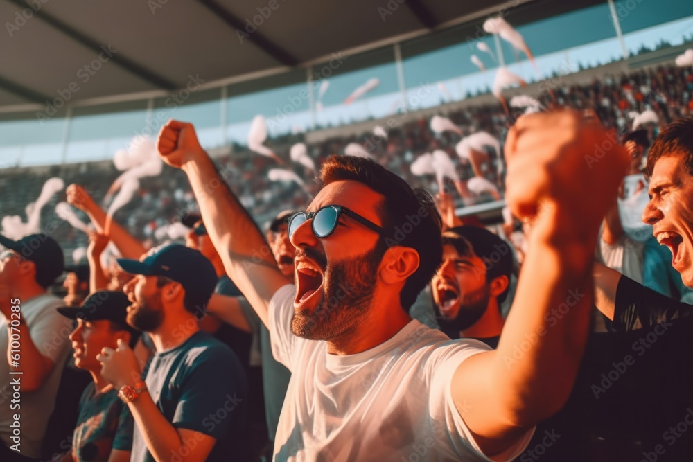 group of joyful fans at the stadium celebrating the victory of their ...