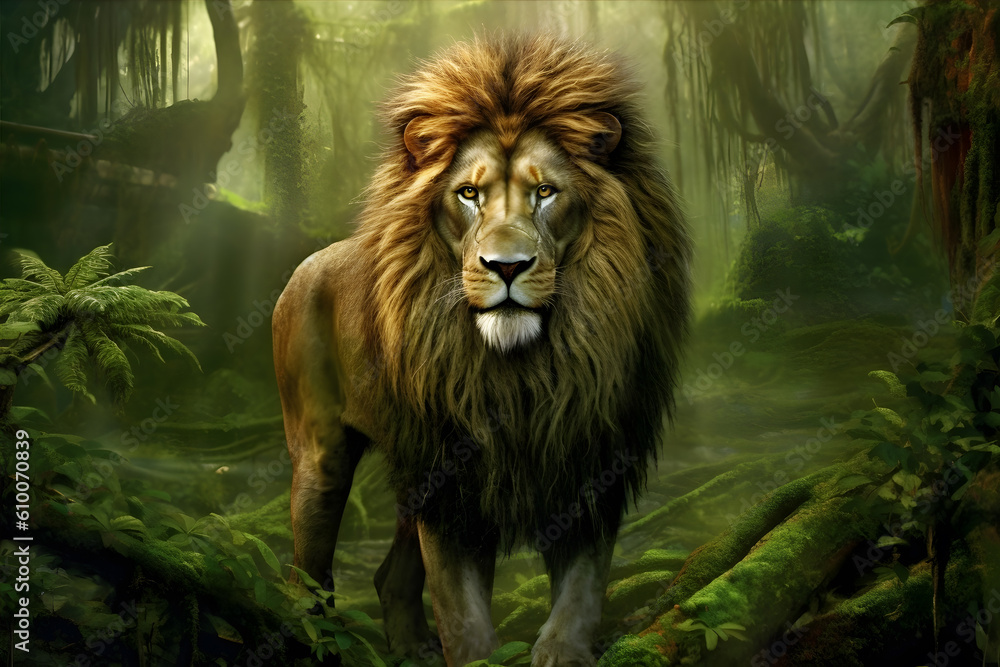Jungle King: A fierce lion standing proud in his natural habitat ...