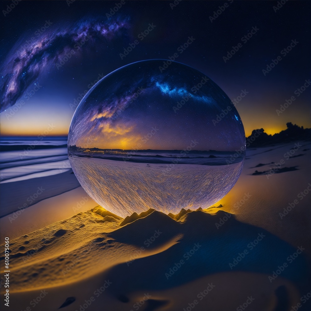 crystal sphere on a shoreline reflecting the epic sunset sky with stars ...