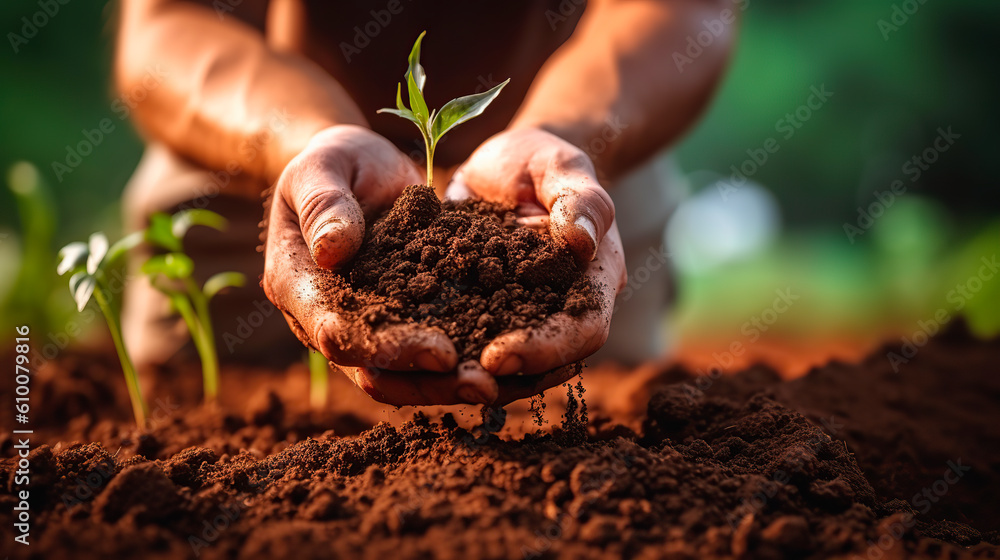 Farmer's hands plant a sprout. business concept of crop production ...