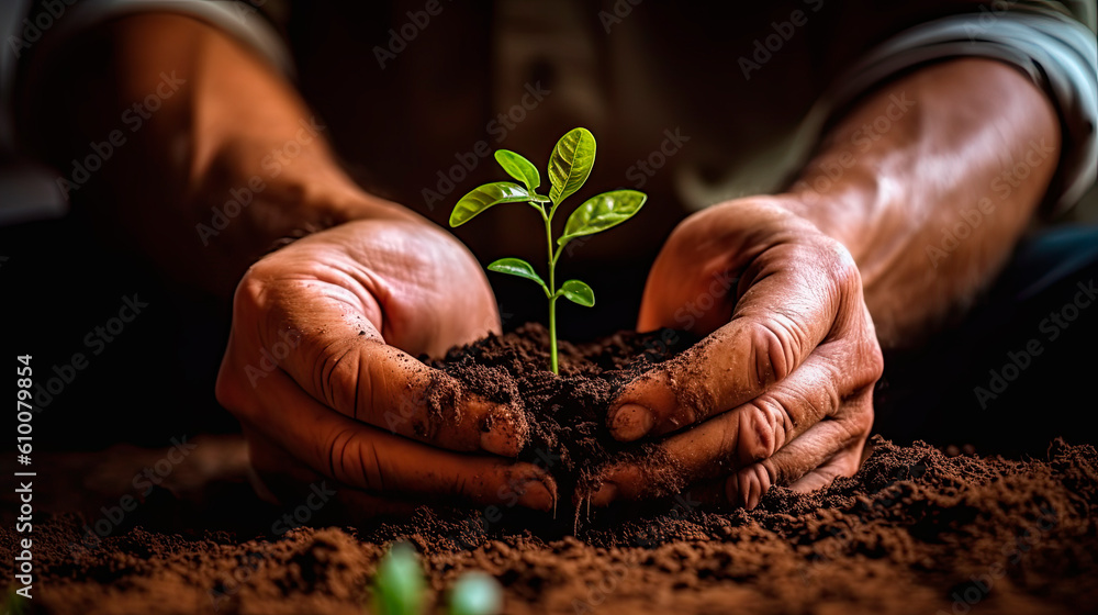 Farmer's hands plant a sprout. business concept of crop production ...