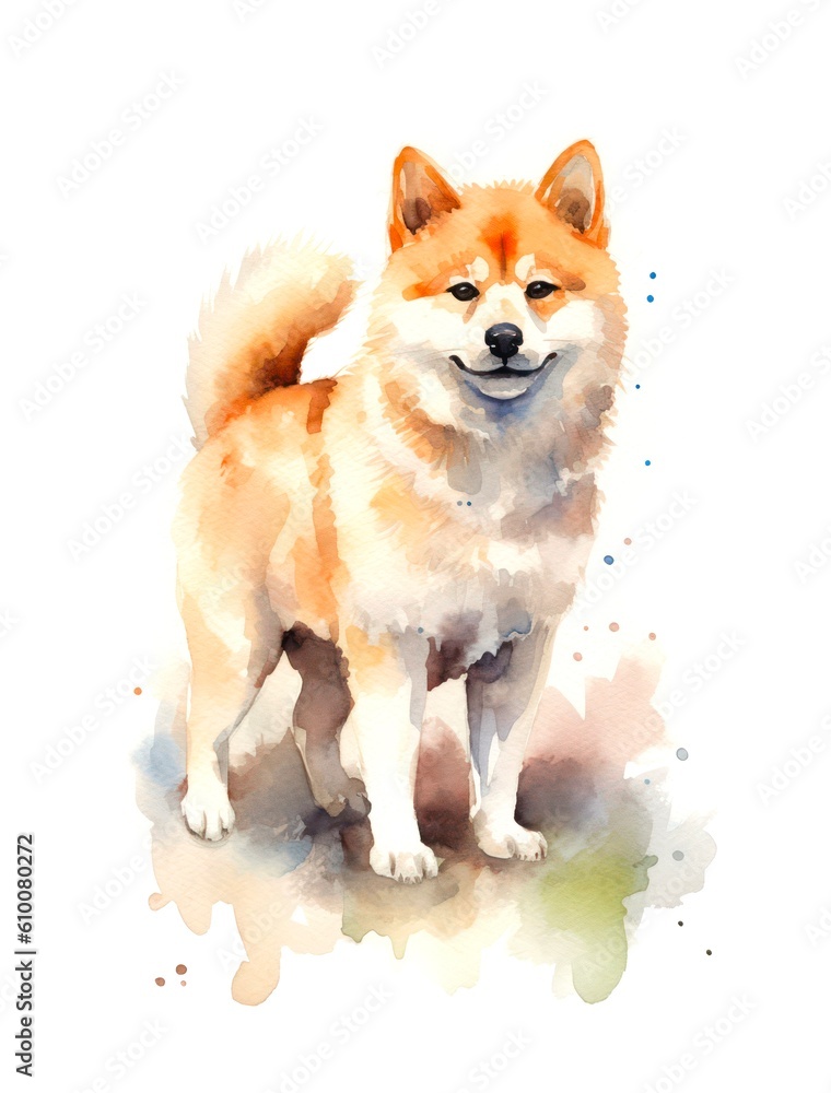 Watercolor cartoon illustration of a cute Akita Inu dog on white ...