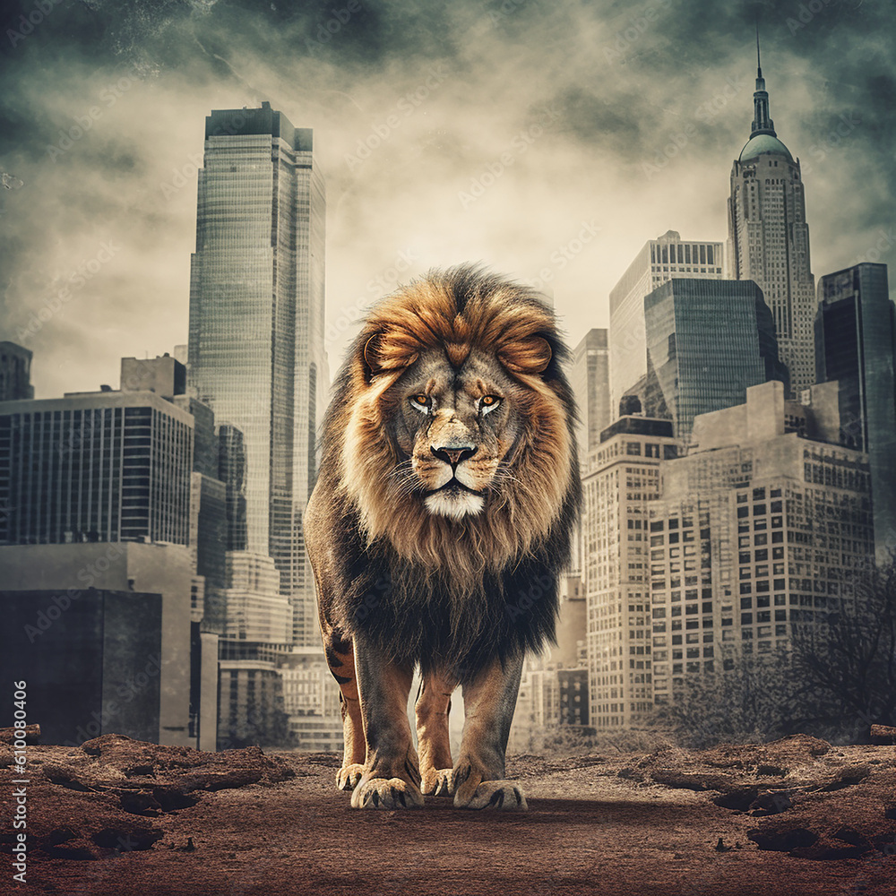 Majestic lion standing tall on a city street, with towering skyscrapers ...