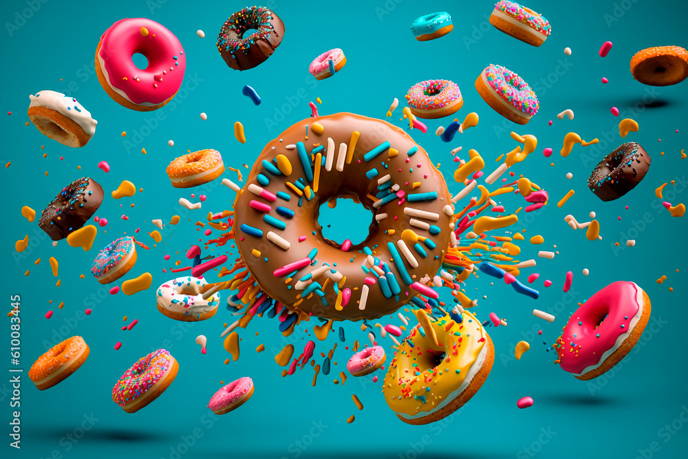 Delight of delicious food. Generative AI. Donut Eruption. Decorated ...