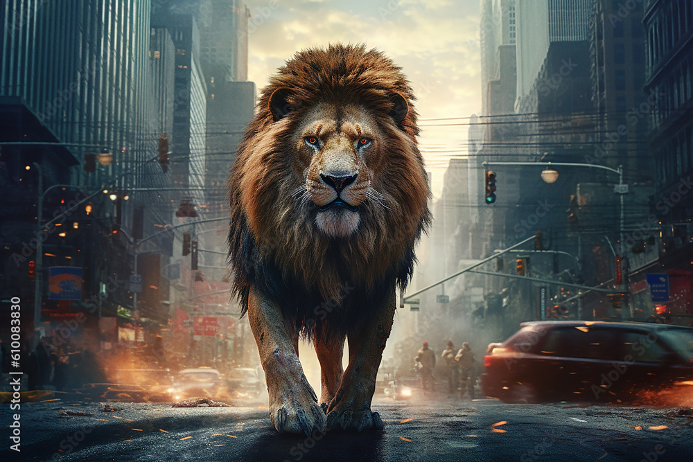 Majestic lion standing tall on a city street, with towering skyscrapers ...
