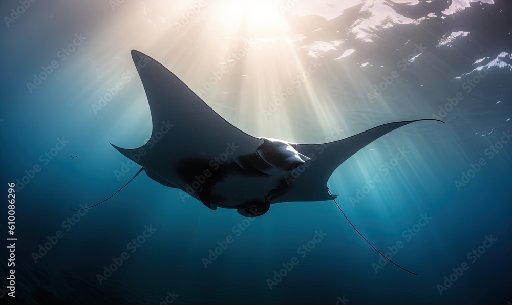 a manta ray swims through the ocean water with sunbeams in the sky ...