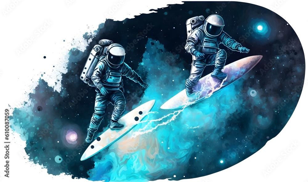 astronauts surf on a surfboard in space with stars watercolor painting ...