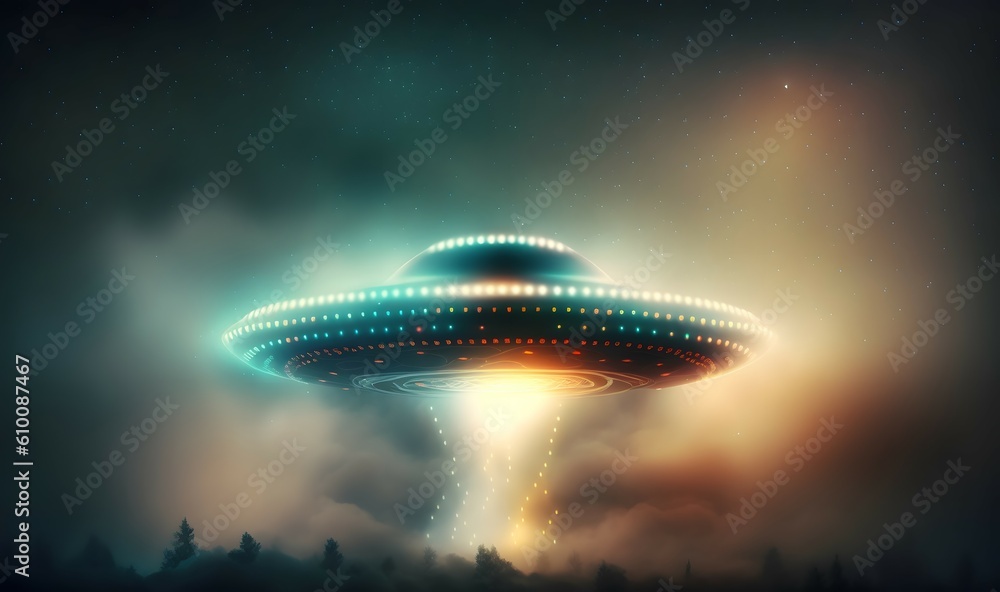 Flying extraterrestrial saucer UFO in the night sky. Alien abduction ...