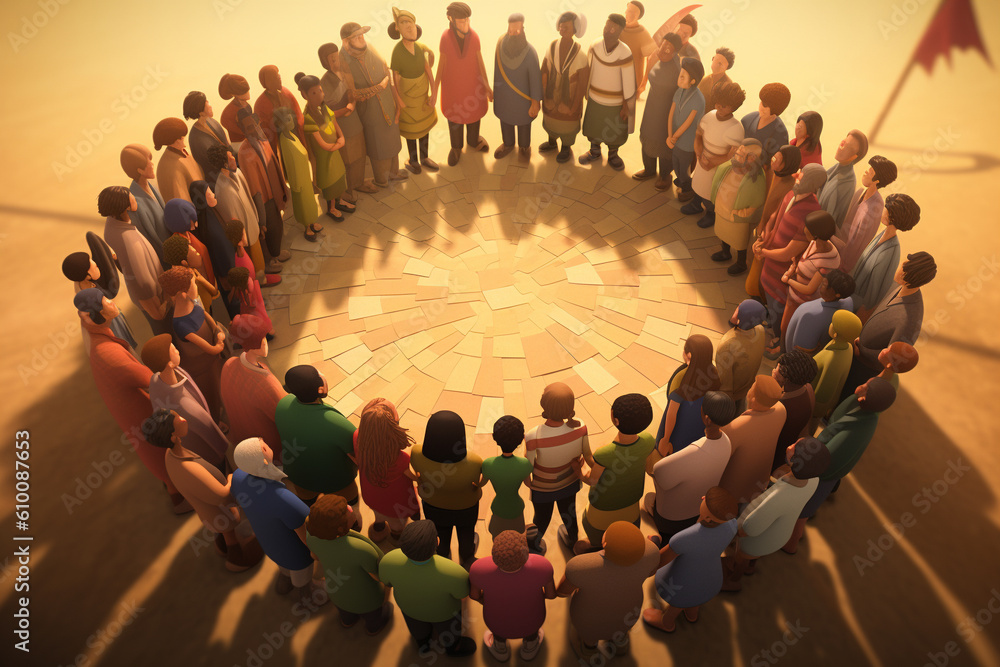 An animated, cartoon-like illustration of a giant circle filled with a ...