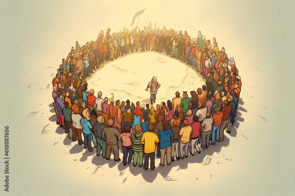 An animated, cartoon-like illustration of a giant circle filled with a ...