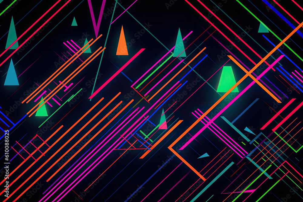 Abstract 80s-style pattern with bright neon lines and shapes on a dark ...