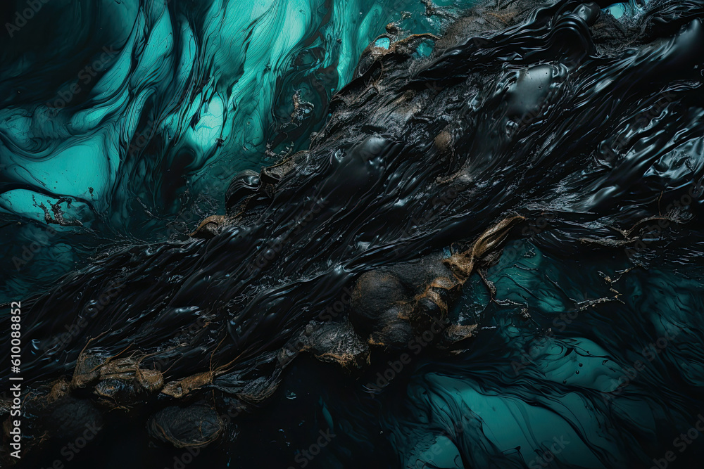 Abstract depiction of an oil spill in a body of water, with colors ...