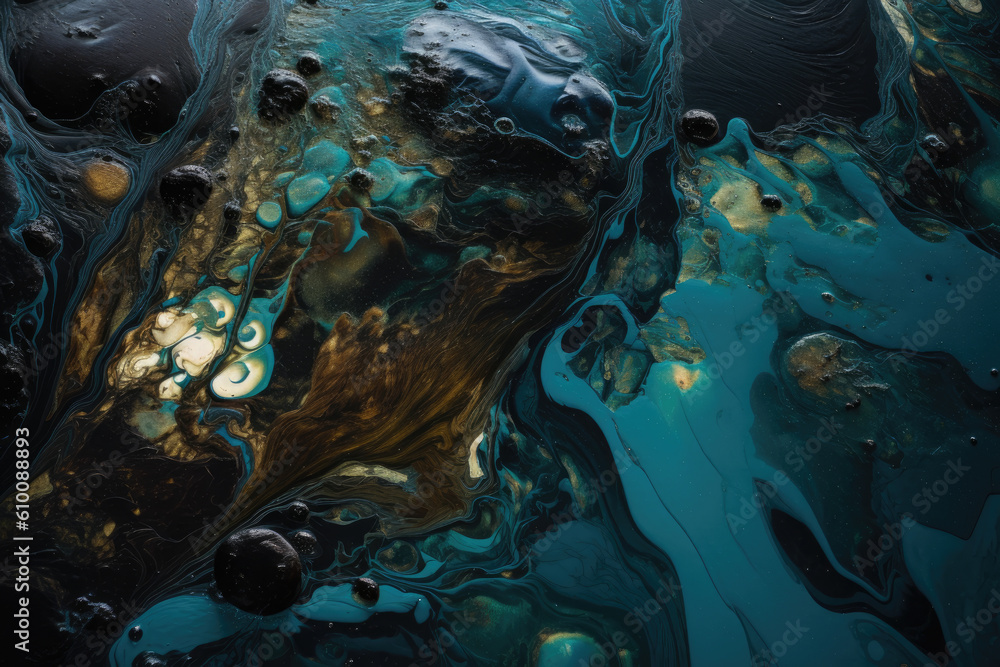 Abstract depiction of an oil spill in a body of water, with colors ...