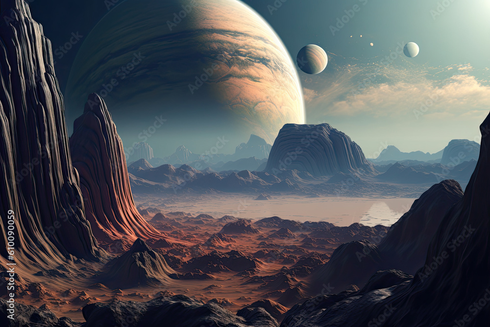 alien planet with multiple moons and a towering mountain range, with a ...