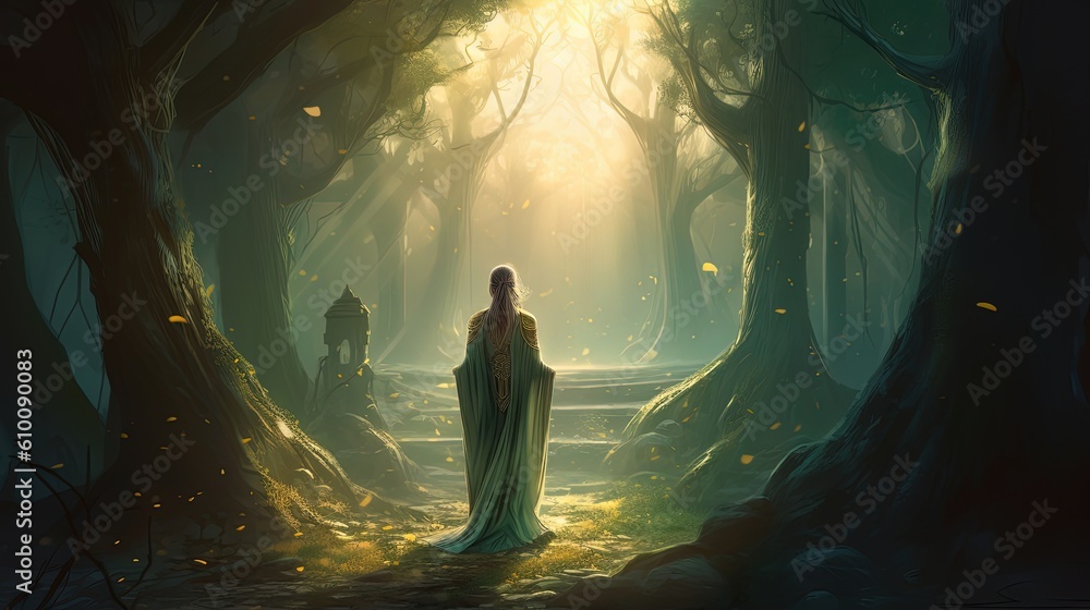 art illustration, woman elf sorcerer walking in fairy forest with magic ...