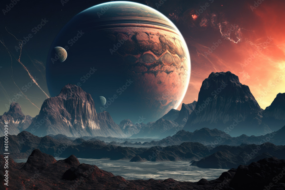 alien planet with multiple moons and a towering mountain range, with a ...