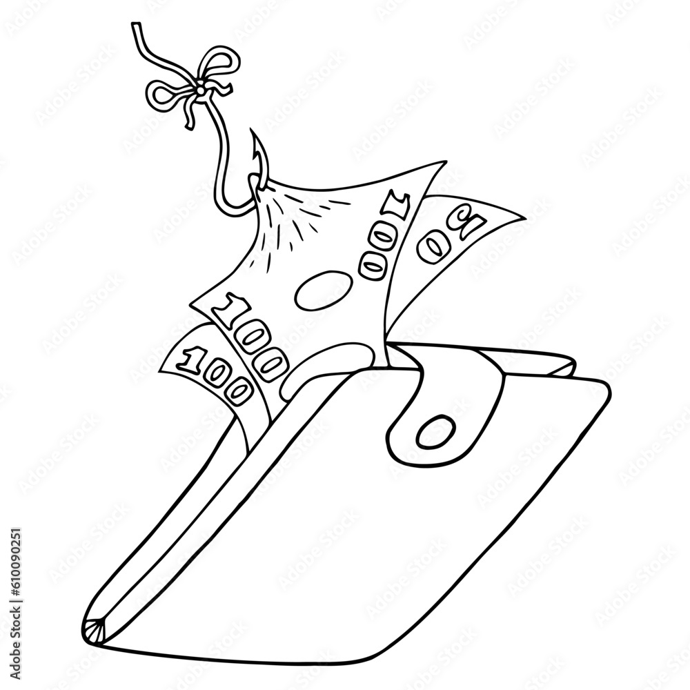 A wallet from which fraudsters pull money with a fishing hook. Fraud ...