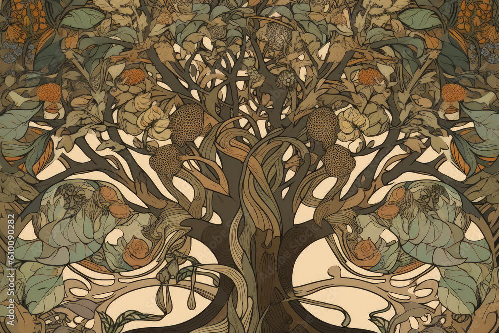 Art nouveau tree of life pattern with warm earth tones and flowing ...