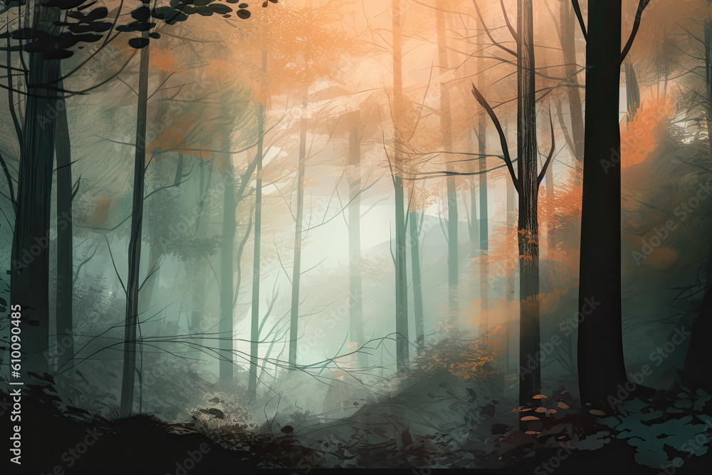 Artistic interpretation of a forest landscape with transparent overlays ...