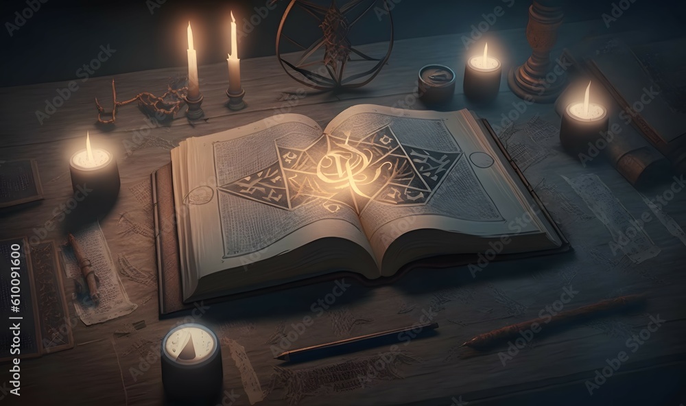 Open old book with magic spells, runes, black candles on witch table ...