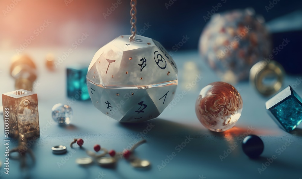 zodiac ring, pendulum, dice with astrology symbols lying on horoscope ...