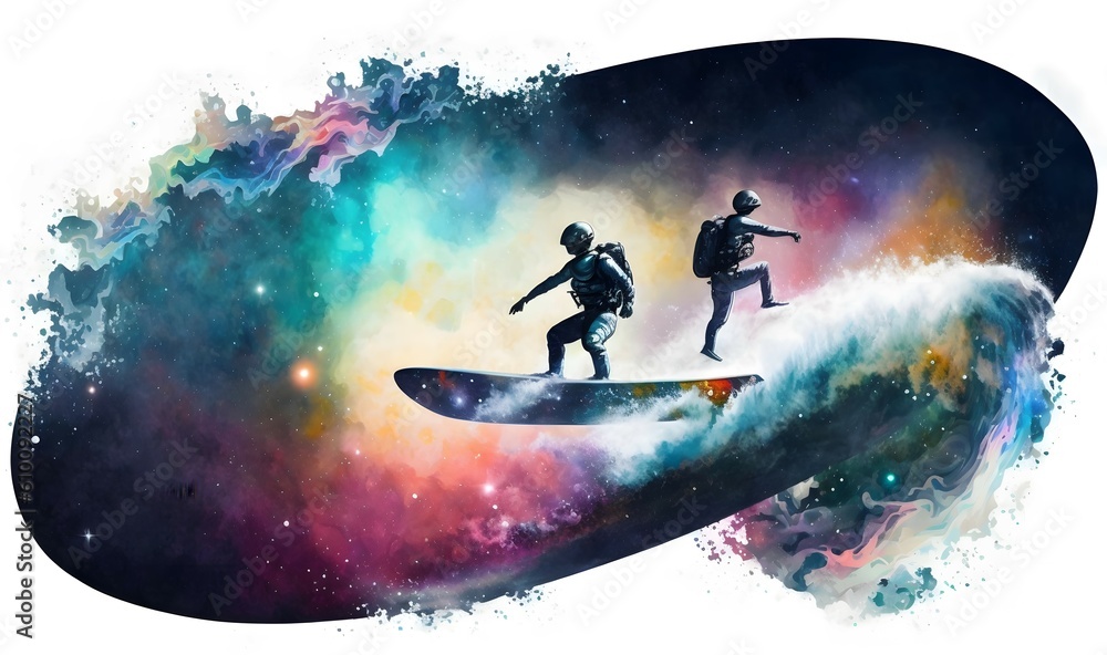 astronauts surf on a surfboard in space with stars watercolor painting ...