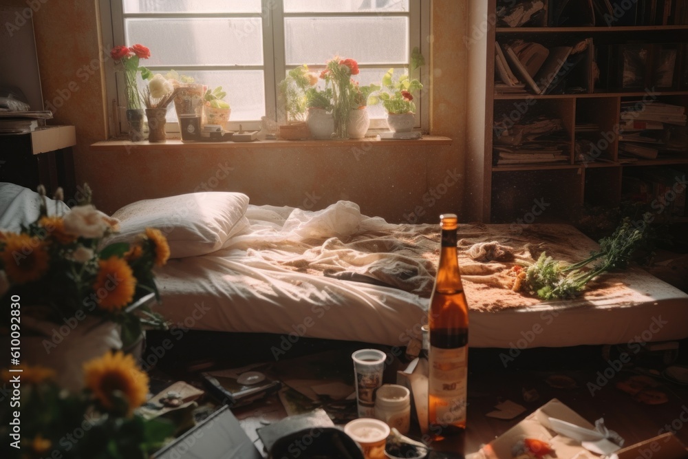 A messy room with a bed and a bottle of beer. Generative AI image ...