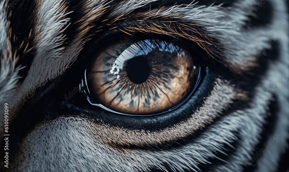 a close up of a tiger's eye with a black and white pattern on the tiger ...