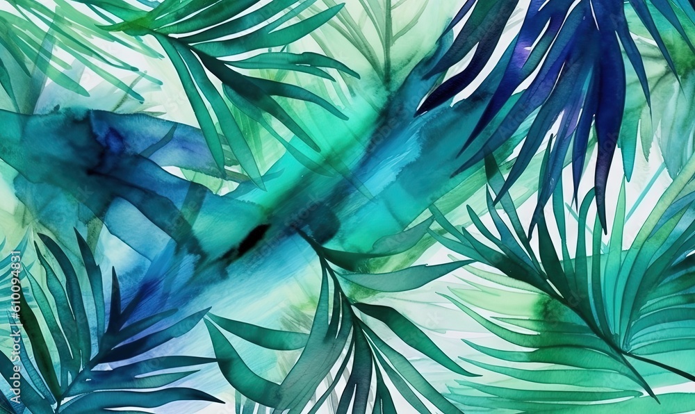 a watercolor painting of green leaves on a white background with a blue ...