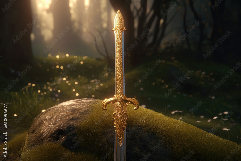 Magic sword in the stone. Medieval sword of legend, magic and power ...