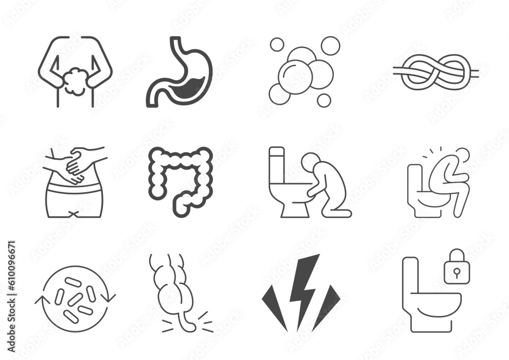 Stomach disease symptoms flat line icons set. Abdominal pain ...