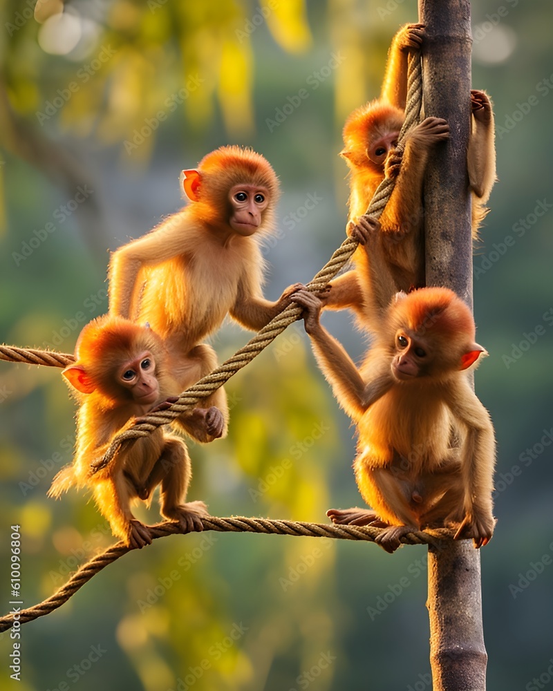 High up in the treetops, a family of adorable monkeys swings from branch to branch, their ...