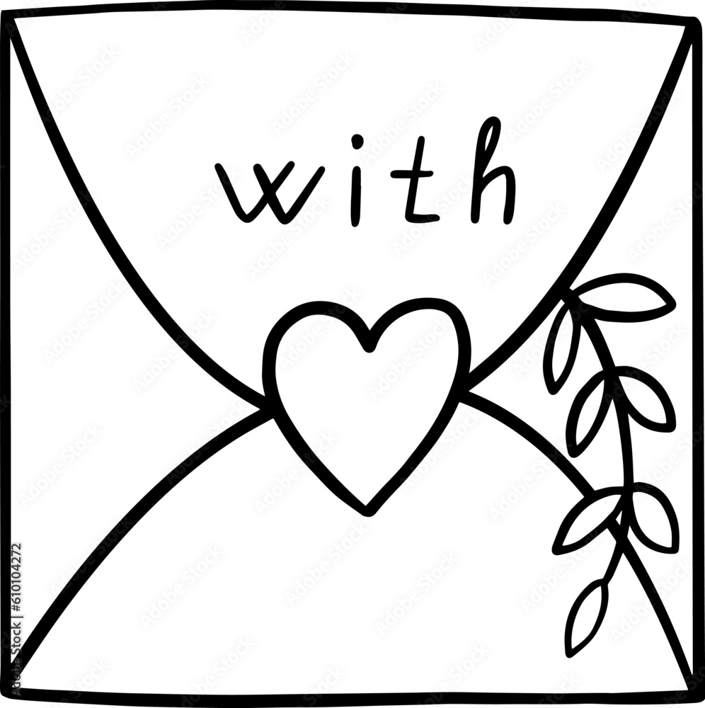 Cute love letter with leaves and a heart icon in doodle style. Vector ...