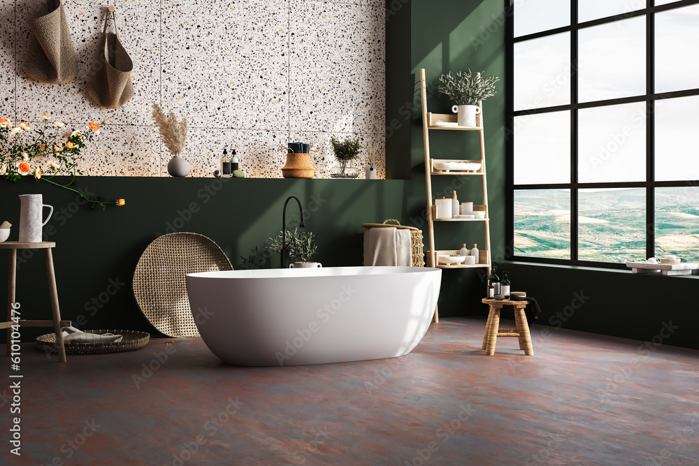 Modern cozy bathroom interior with beautiful bathtub, bathroom ...