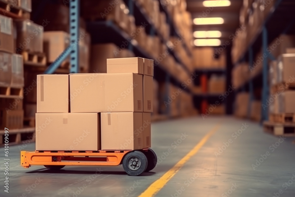 Storehouse logistics in action, Cardboard boxes transported on hand ...