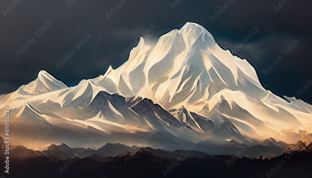 Stormborn serenity. The snowy summit against dark clouds. Frozen ...