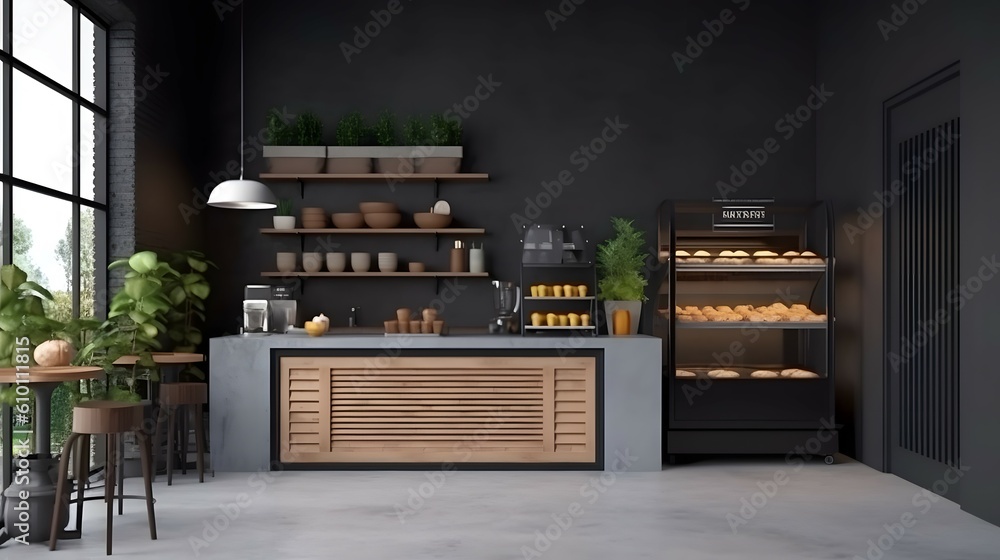 3D render modern, luxury cafe and bakery with concrete counter, wood ...