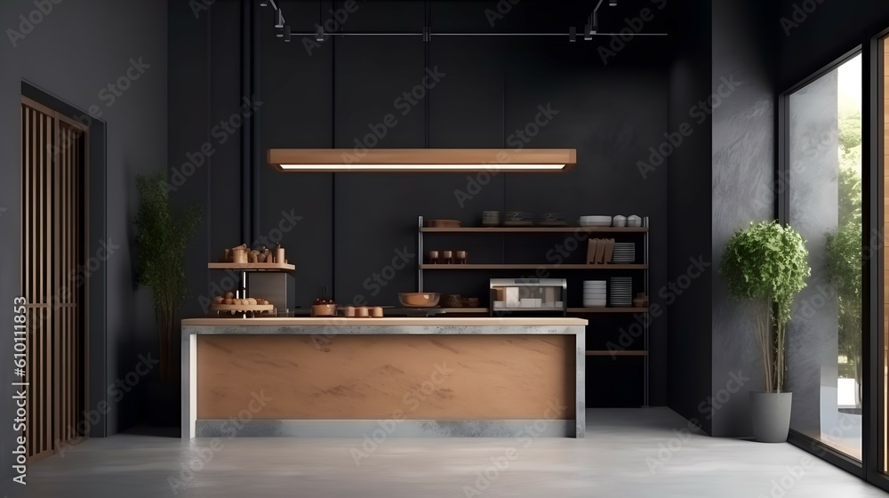 3D render modern, luxury cafe and bakery with concrete counter, wood ...