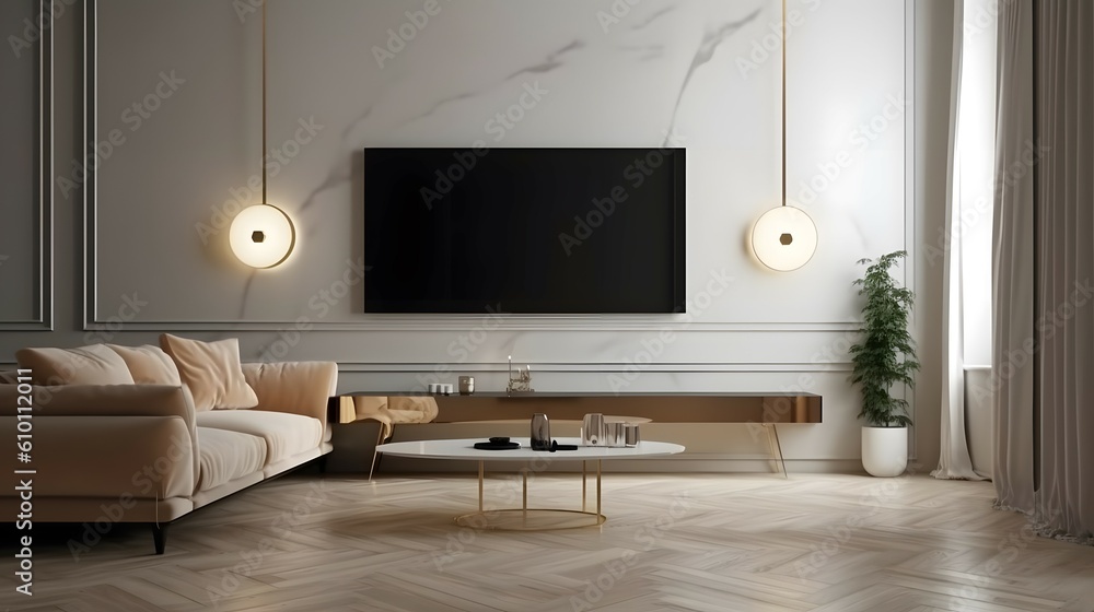 Realistic 3D render flat screen smart tv in modern luxury living room ...