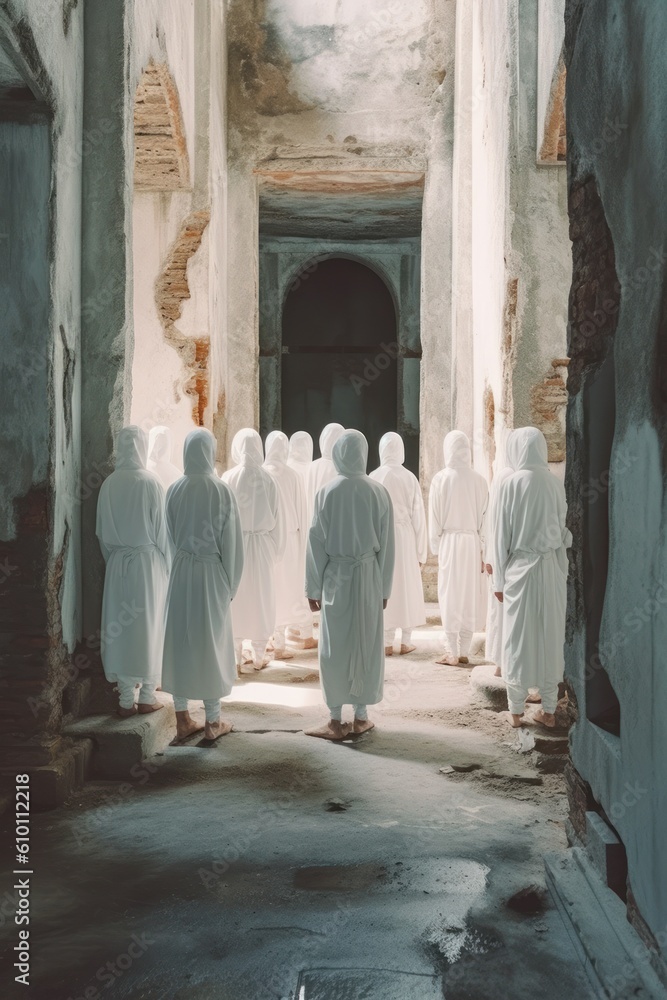 Un grupo de feligreses en un viejo templo ataviados con túnicas blancas ...