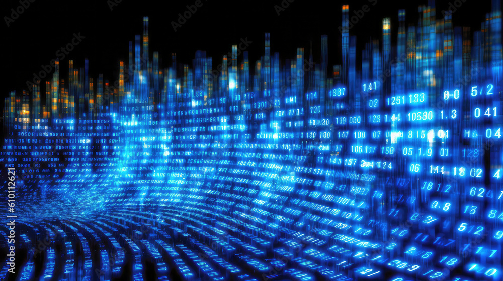 Blue and white binary curve on black background with numbers and peaks ...