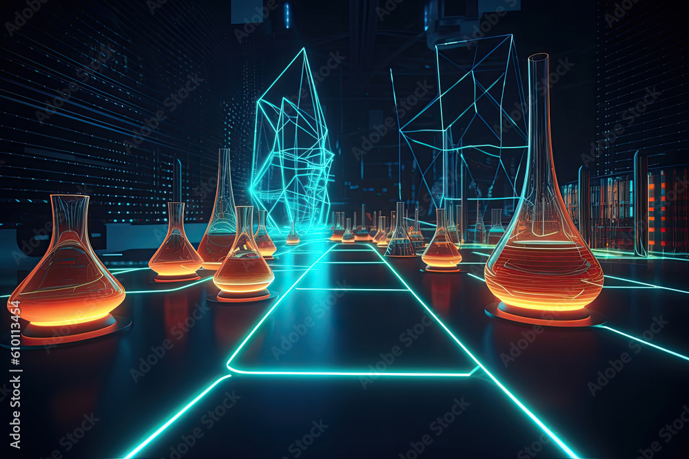 Wavy lines in a futuristic laboratory with glowing beakers and high ...