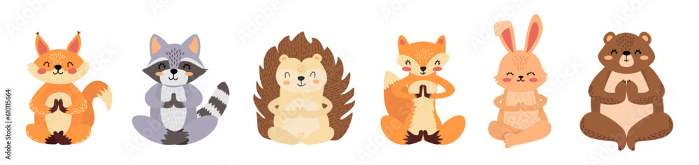 Vector set of animals doing yoga. Forest animals meditating. Collection ...