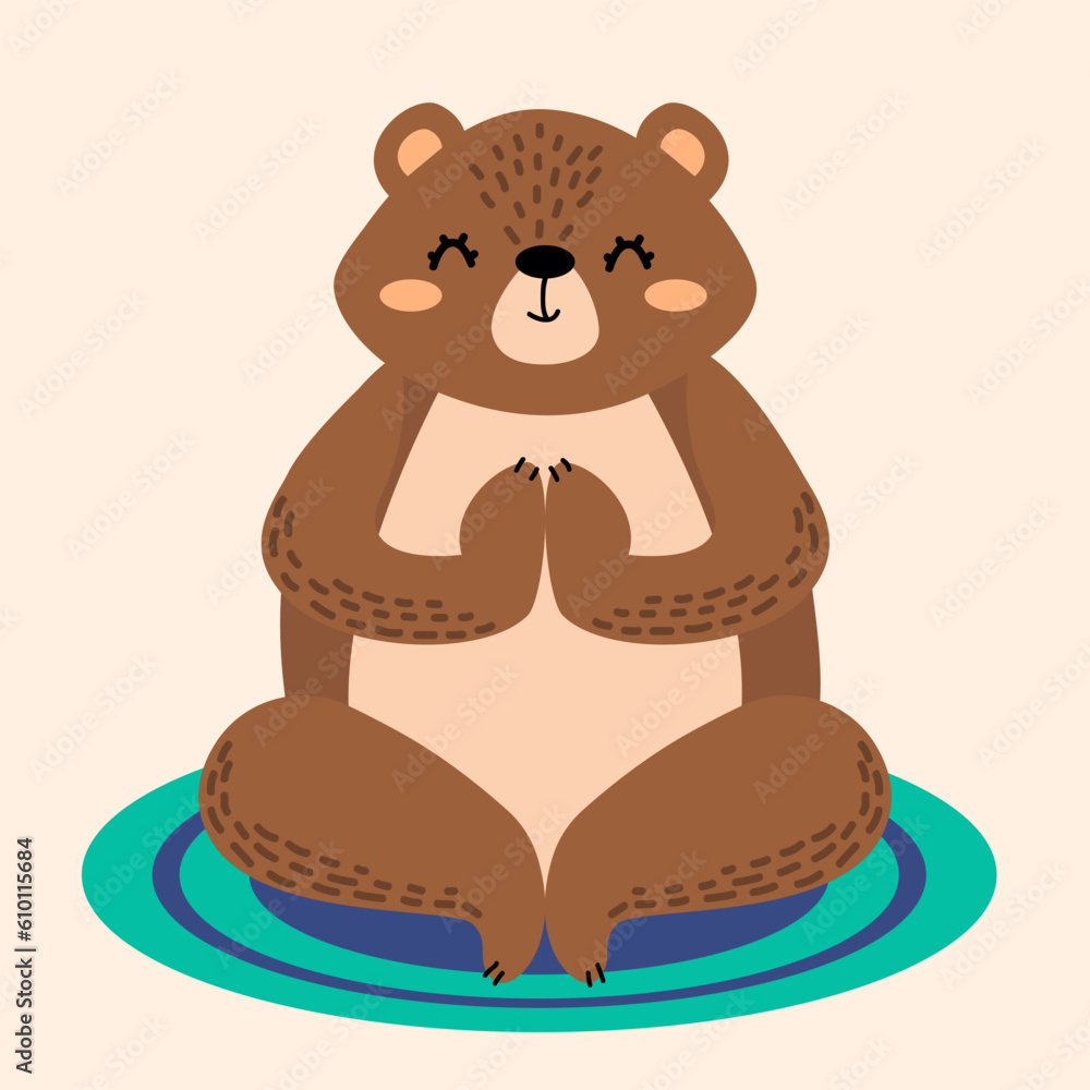 Cute meditating bear. The bear is doing yoga. Vector illustration in ...