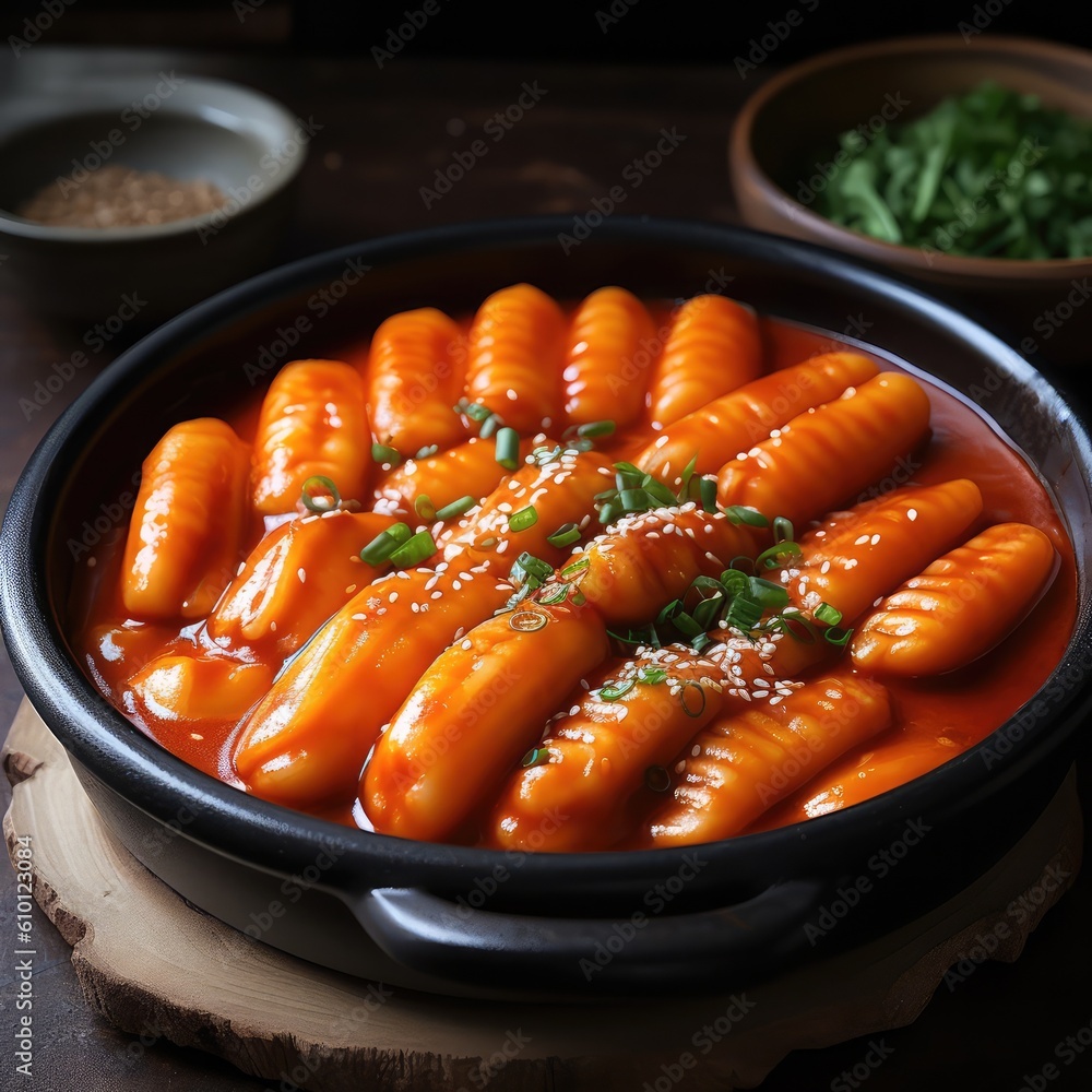 Tteokbokki or Topokki , stir fried rice cake stick, popular Korean ...