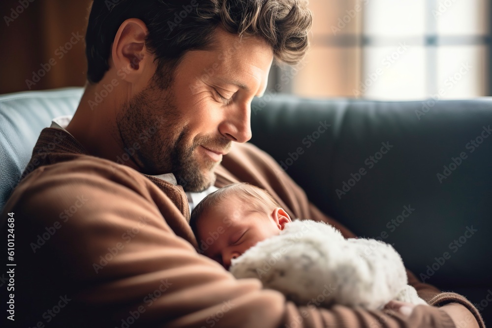 tender moments of a man caring for his newborn baby, gently rocking him ...
