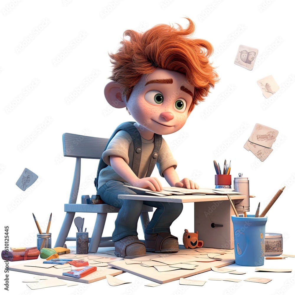Beautiful boy cartoon style, painting and drawing on a table with their ...