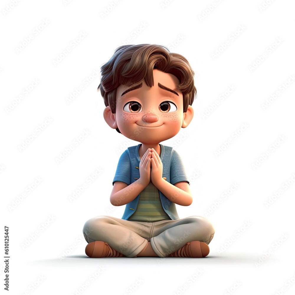 Beautiful boy cartoon style, sitting meditating happily - generative AI ...