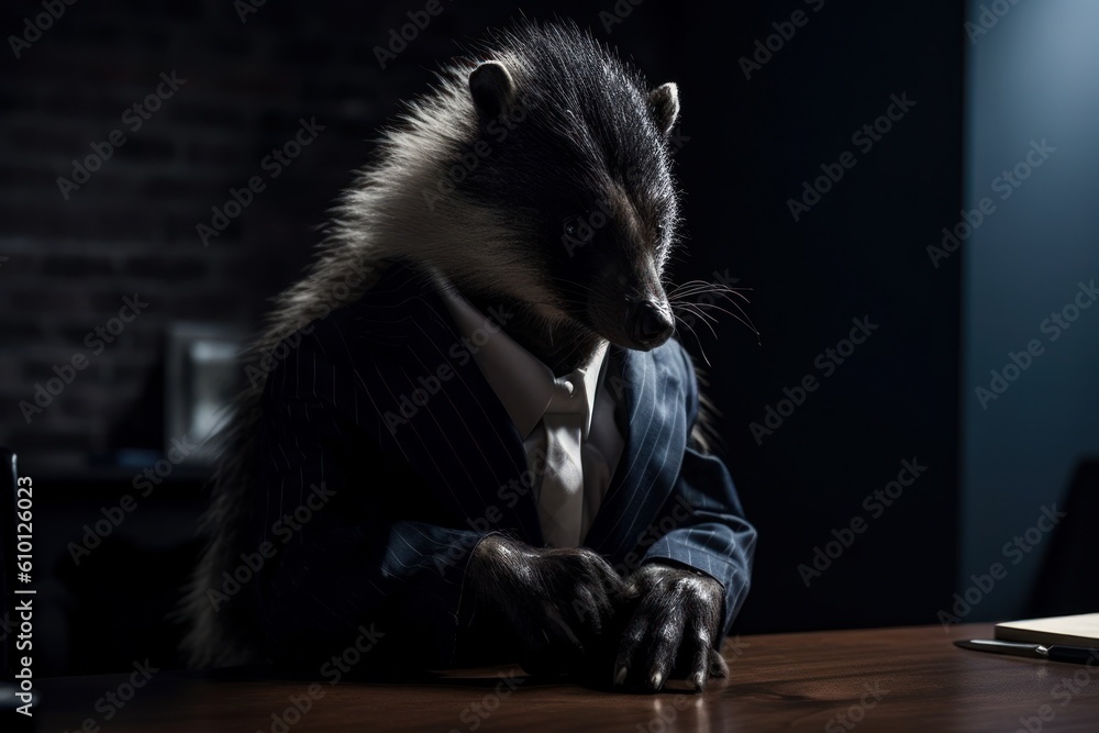Anthropomorphic skunk dressed in a suit like a businessman. Business ...